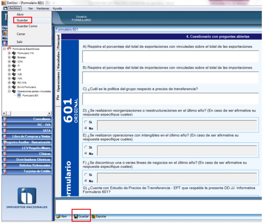 Formulario 601 Partes Vinculadas